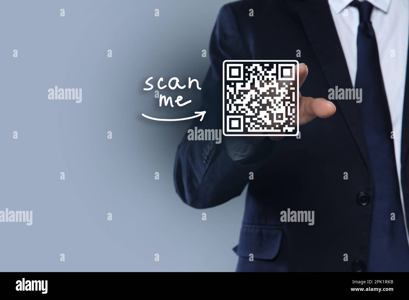 Man Pointing At Illustration Of Qr Code On Light Grey Background