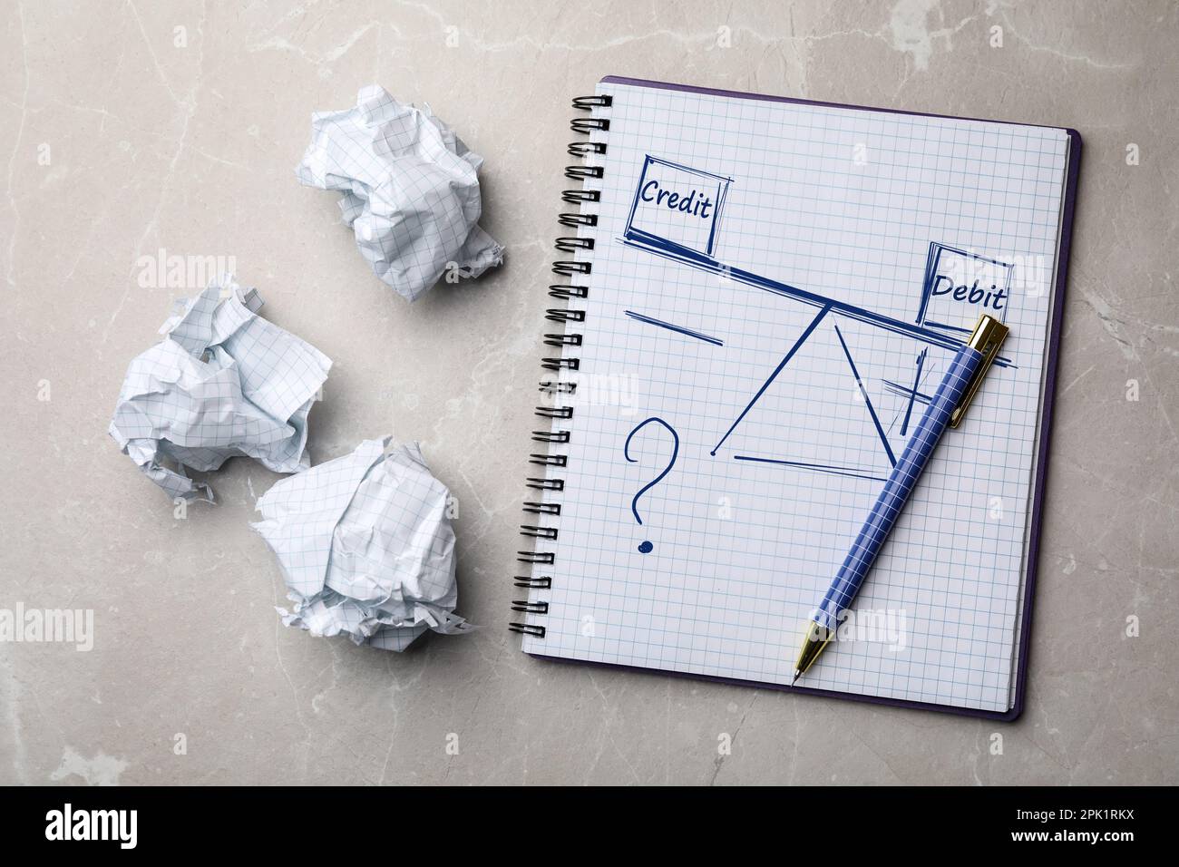 Double-entry bookkeeping. Drawing of seesaw with inscription credit and ...