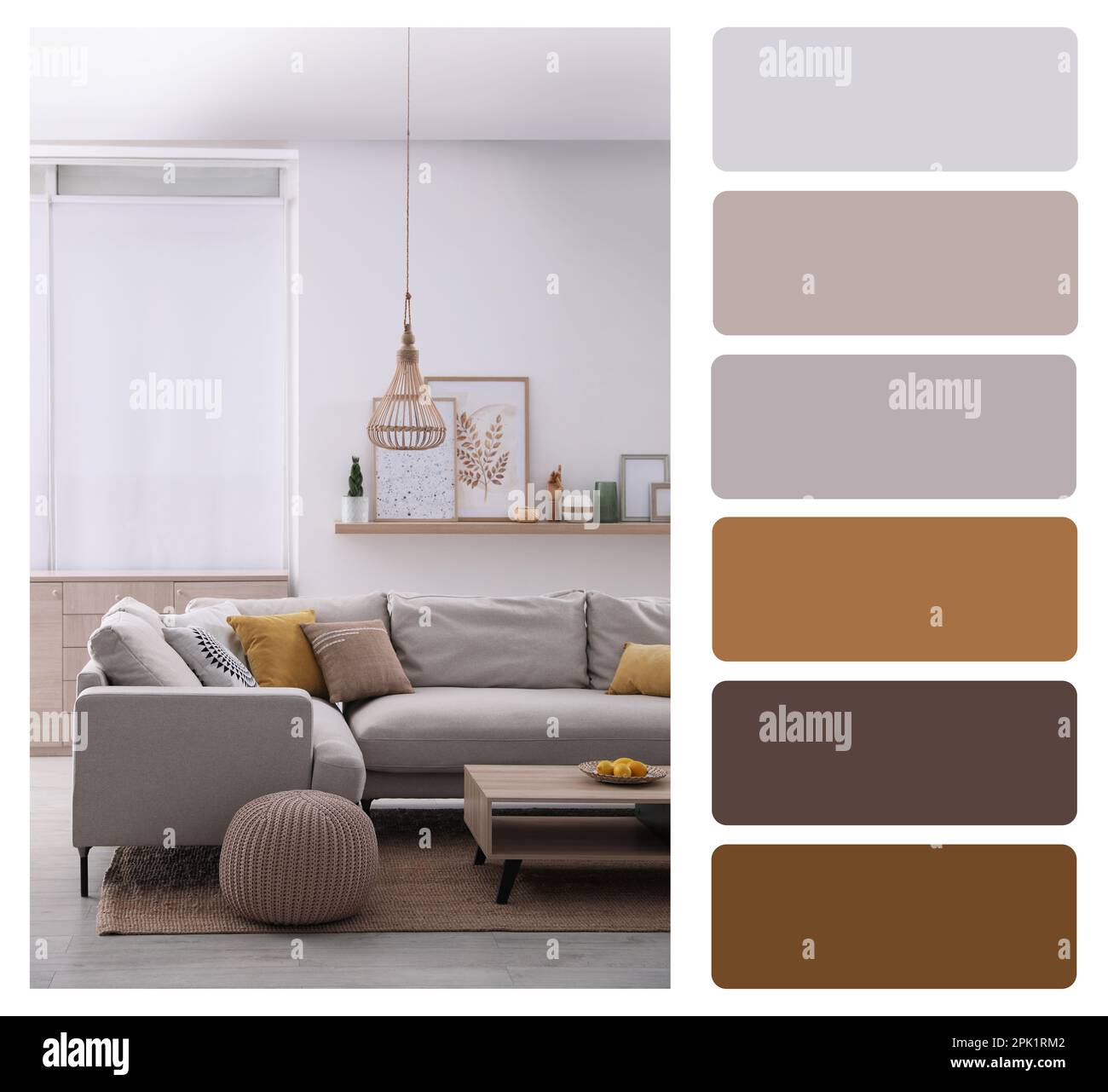 Color palette and photo of stylish living room interior. Collage Stock ...