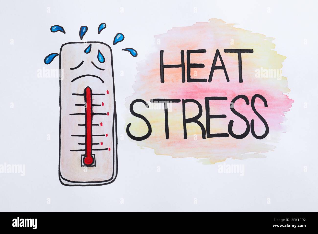 Words Heat Stress and thermometer drawn on white background, top view ...