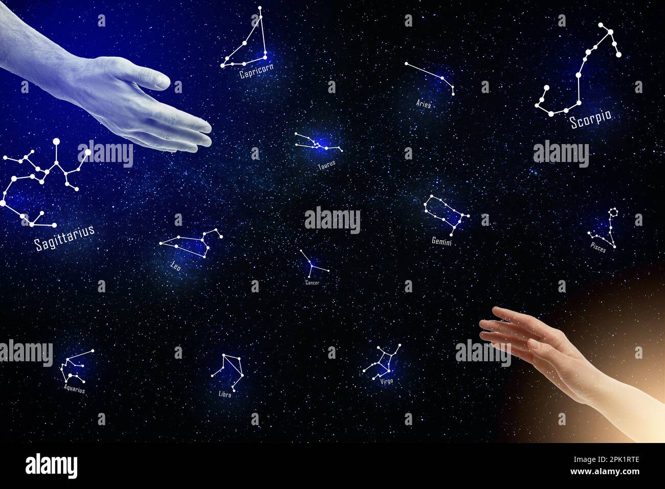 Zodiac compatibility. Man and woman reaching hands to each other and ...