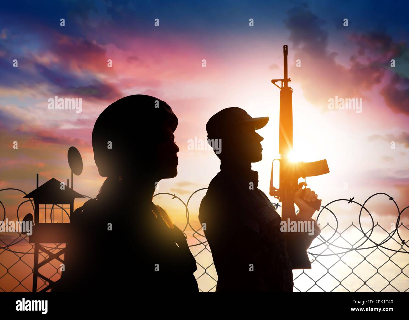 Silhouettes of border guards at post outdoors in early morning Stock ...