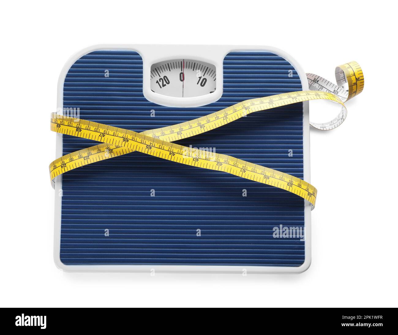 Scales and measuring tape isolated on white, top view Stock Photo - Alamy
