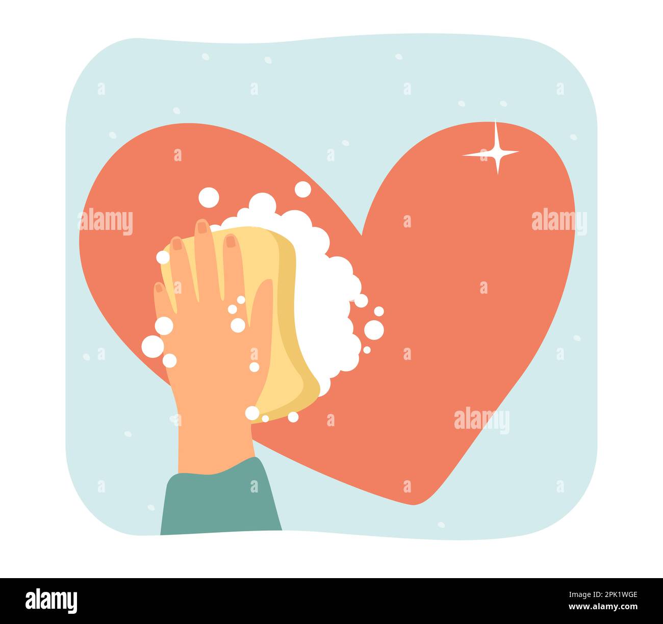 Hand with sponge and soap foam cleaning surface of red heart Stock ...