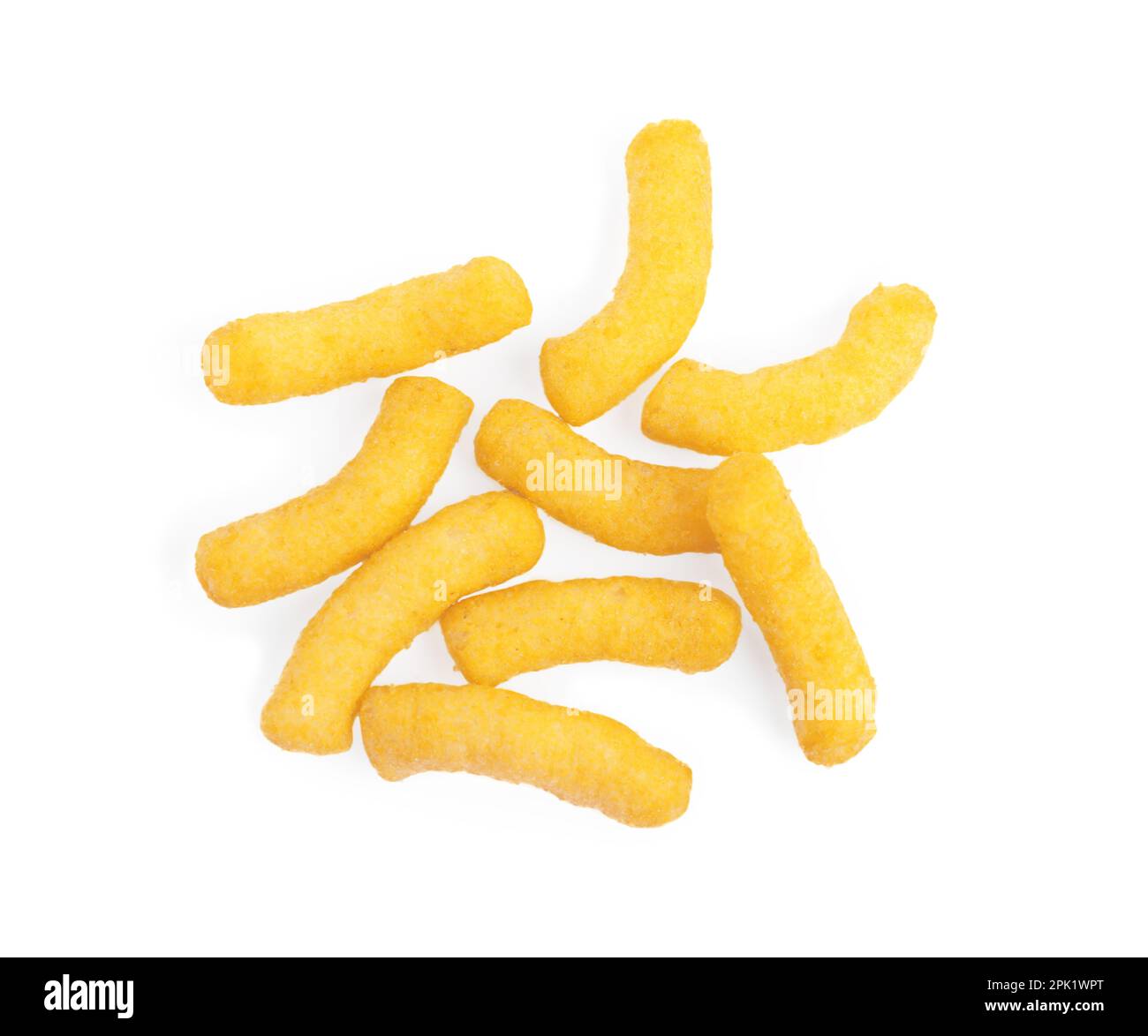 Tasty cheesy corn puffs isolated on white, top view Stock Photo - Alamy
