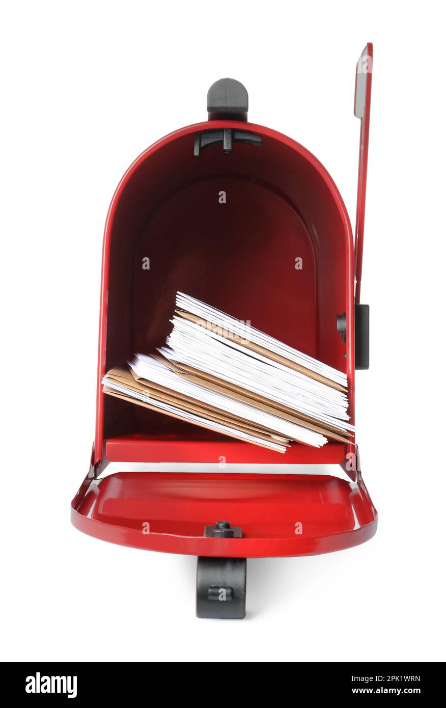 Open red letter box with correspondence on white background Stock Photo ...
