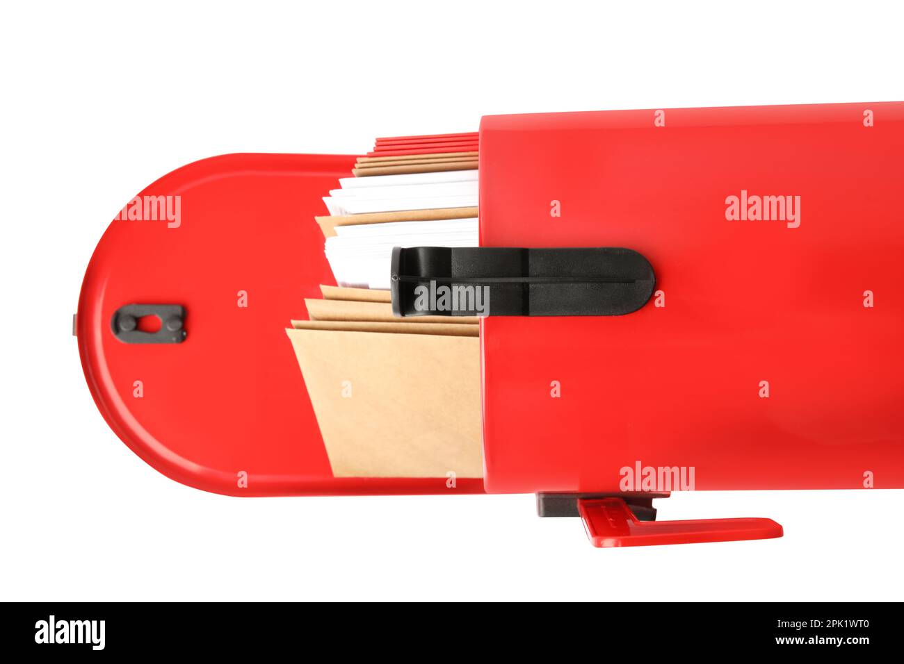 Open red letter box with correspondence on white background Stock Photo ...