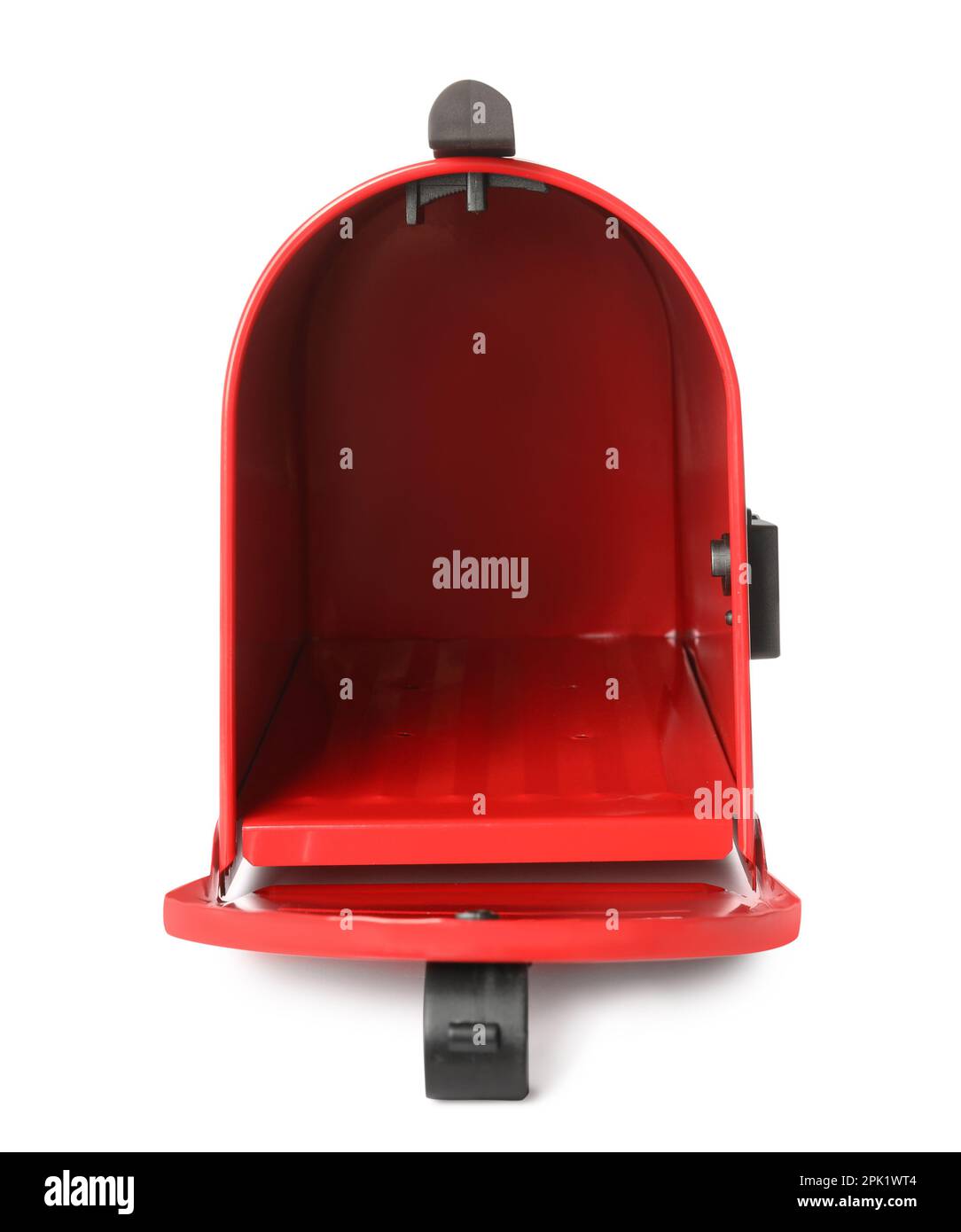 Open red letter box with correspondence on white background Stock Photo ...