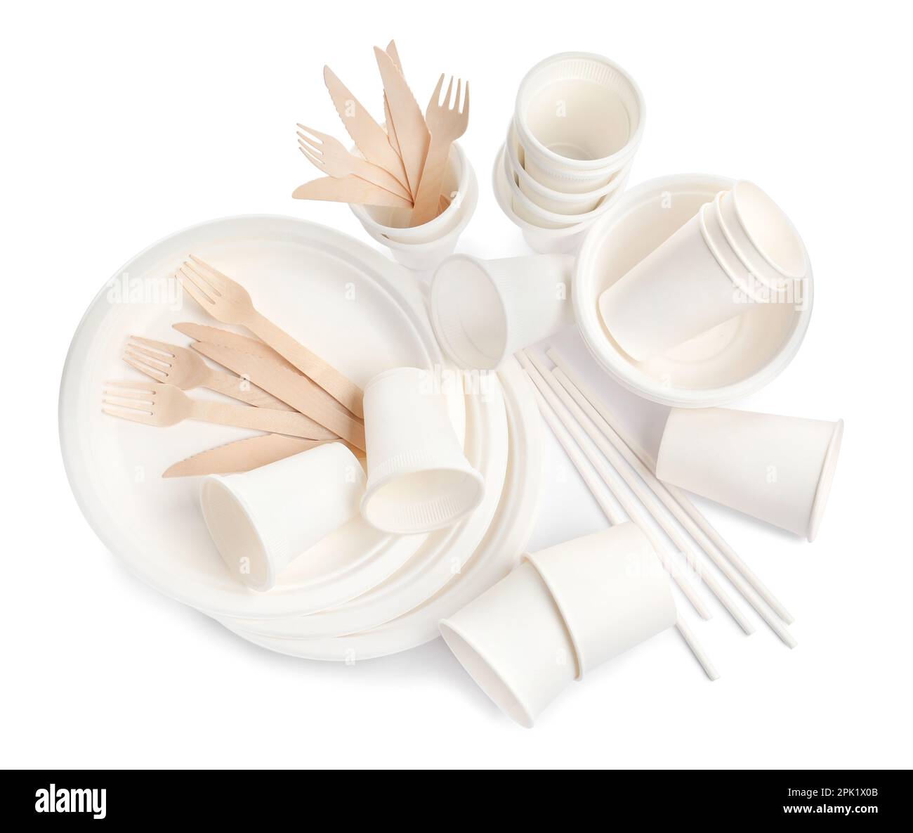 Set of disposable tableware on white background, top view Stock Photo ...