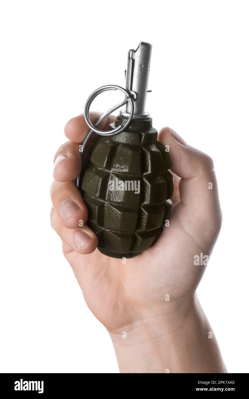 Man holding hand grenade on white background, closeup Stock Photo - Alamy