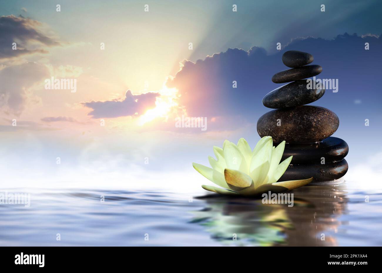 Zen, meditation, harmony. Beautiful lotus flower and stack of stones on ...