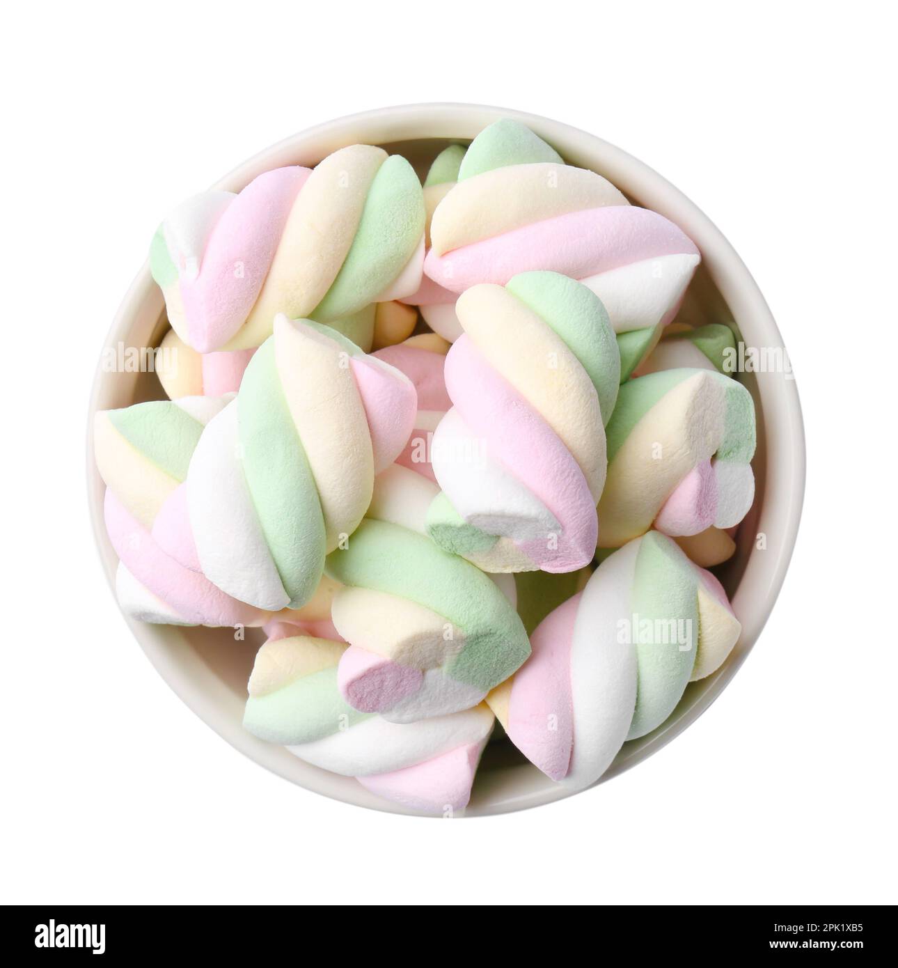 Delicious colorful marshmallows in bowl isolated on white, top view ...