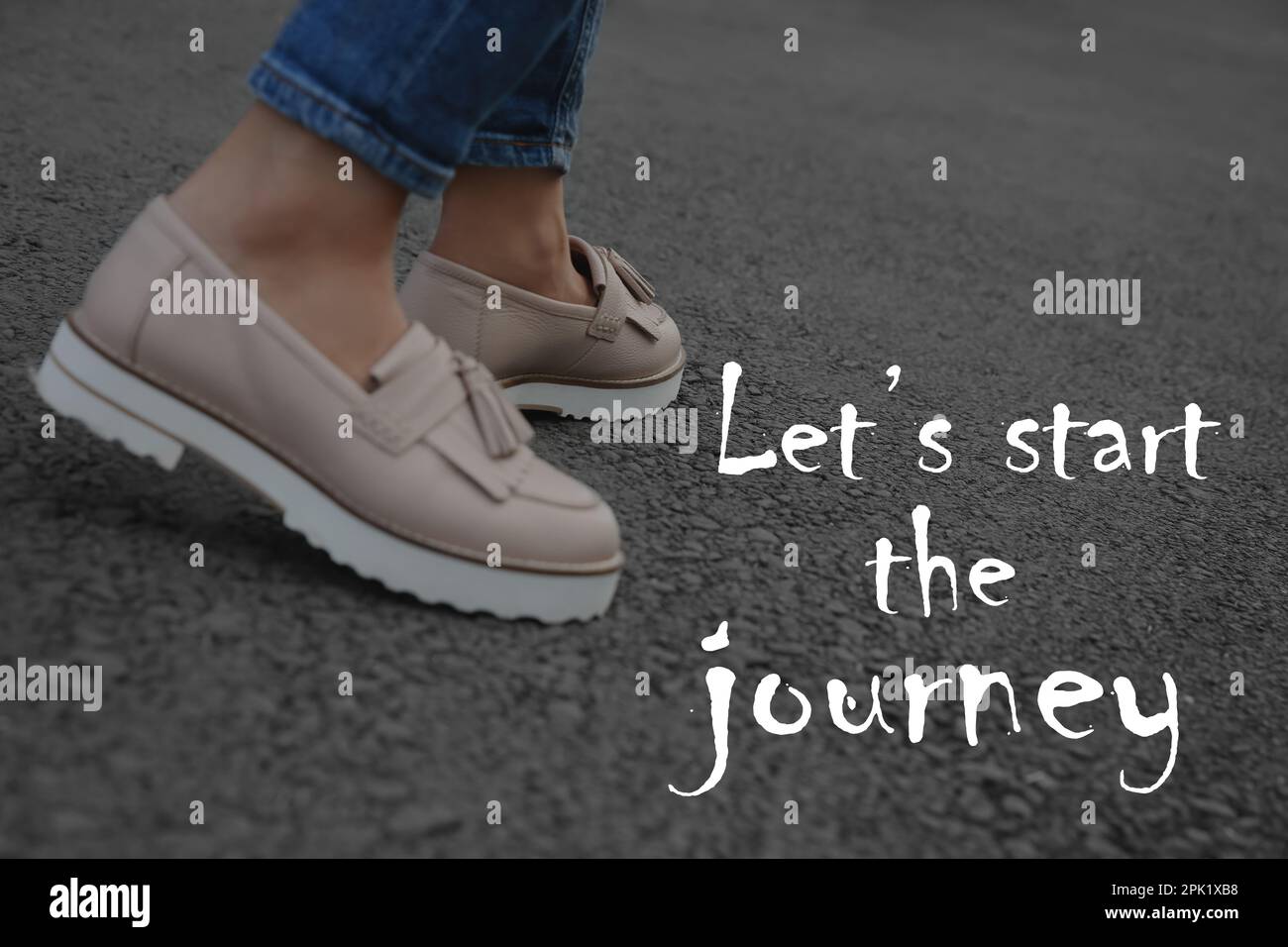 Inspirational quote - Let’s start the journey. Woman walking outdoors ...