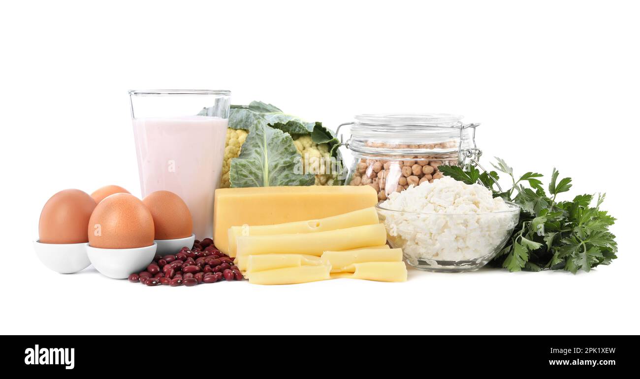 Set of natural food high in calcium on white background Stock Photo - Alamy