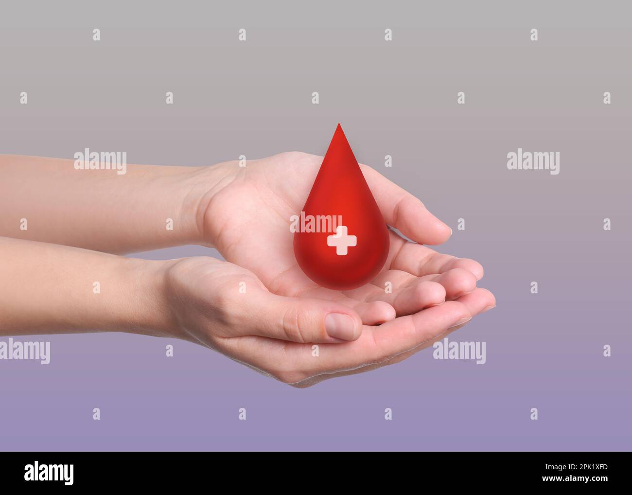 Woman holding red drop in hands on light background, closeup. Blood ...