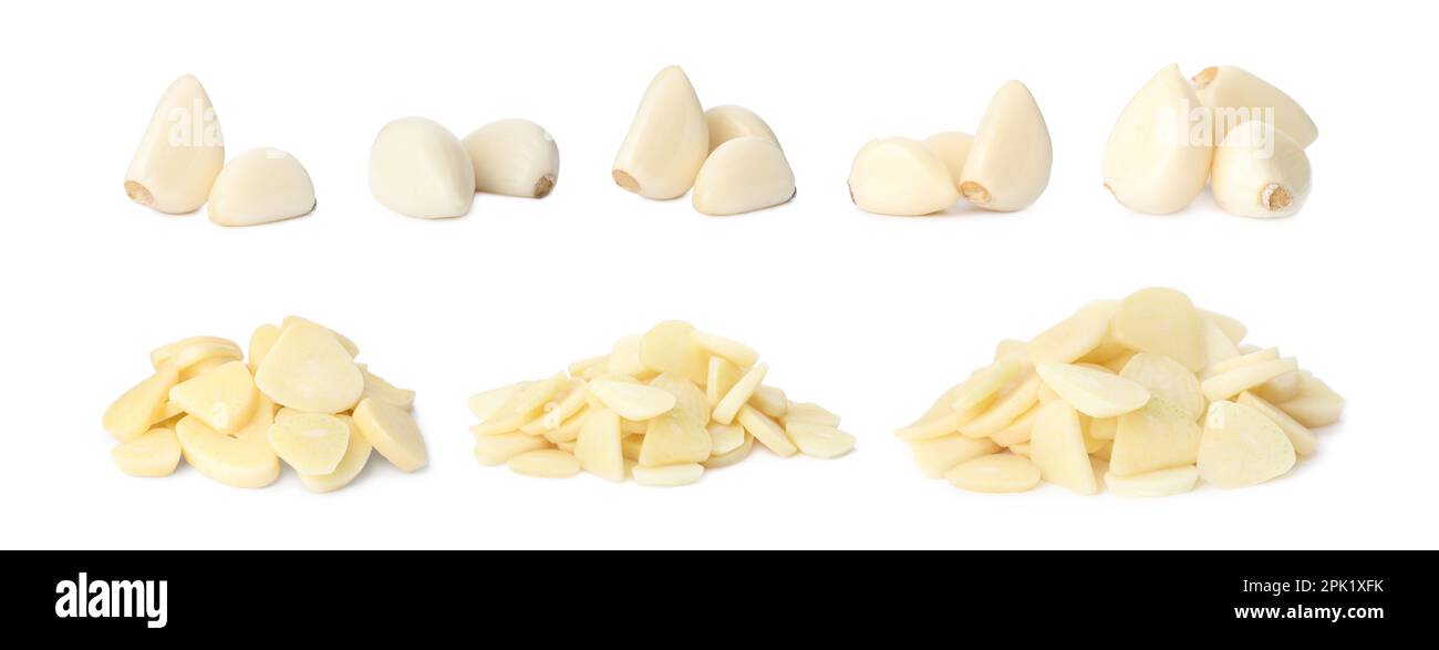 Set with fresh garlic on white background. Banner design Stock Photo ...