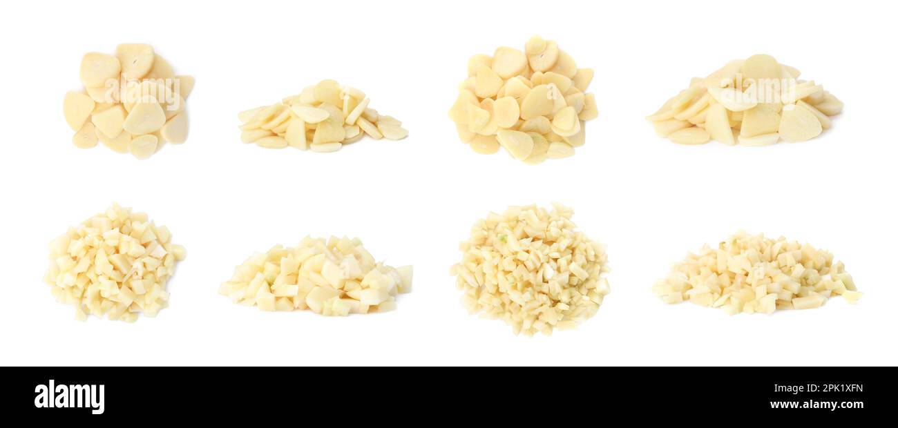 Set with cut fresh garlic on white background. Banner design Stock ...
