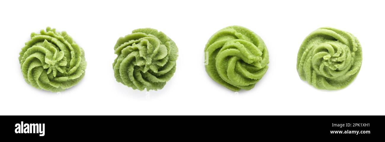 Set with spicy wasabi paste on white background, top view. Banner ...