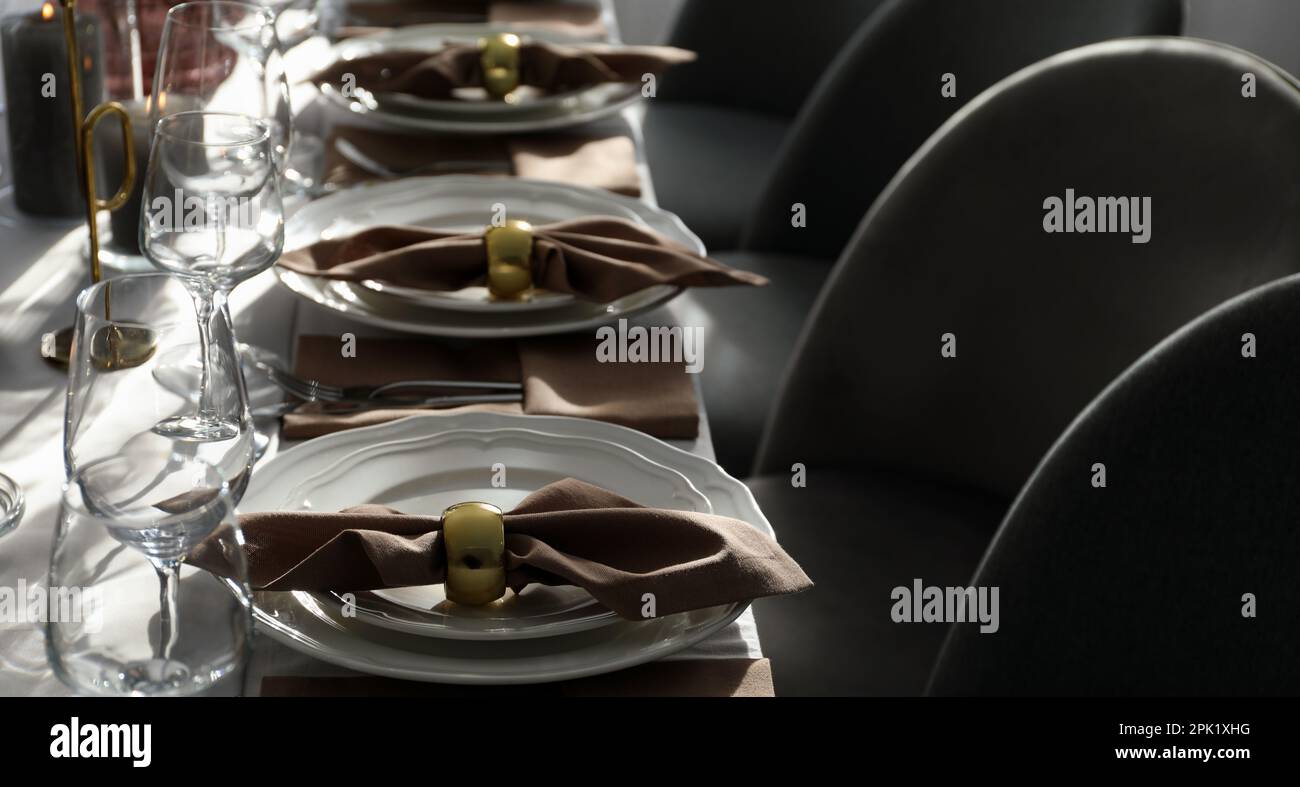 Festive table setting with beautiful decor indoors. Banner design Stock ...
