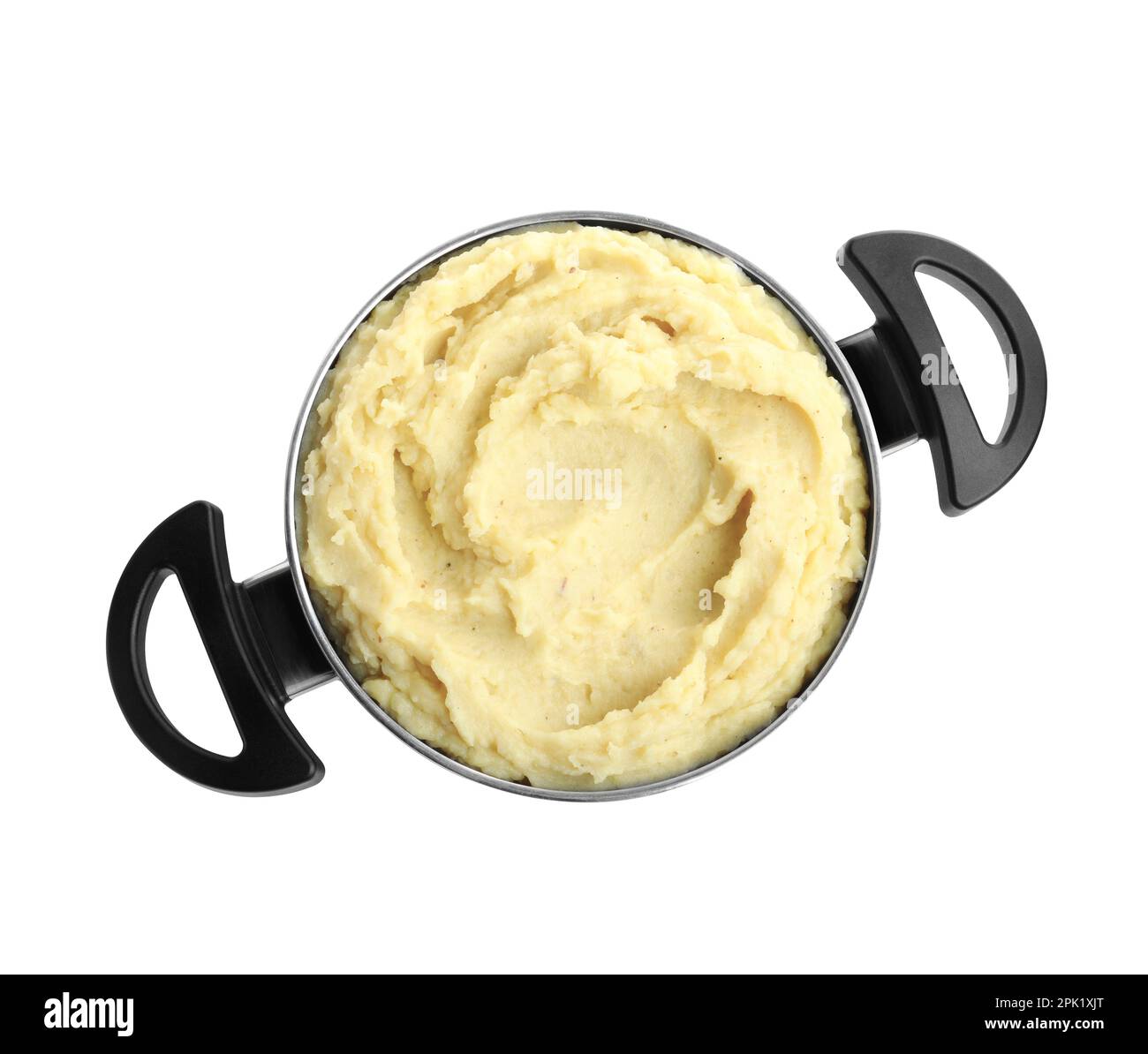 Pot with tasty mashed potatoes isolated on white, top view Stock Photo ...