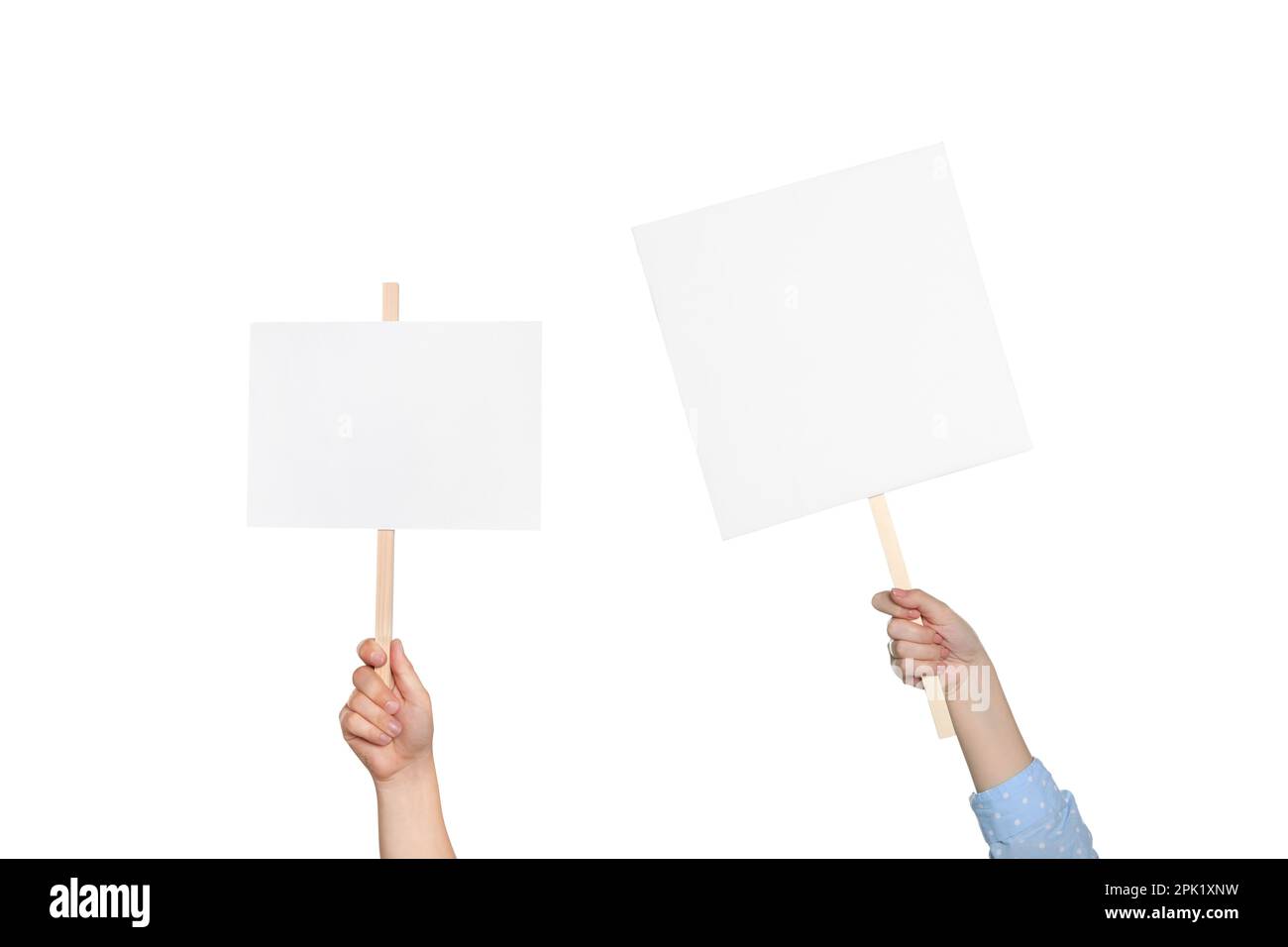 People holding blank protest signs on white background, closeup Stock ...