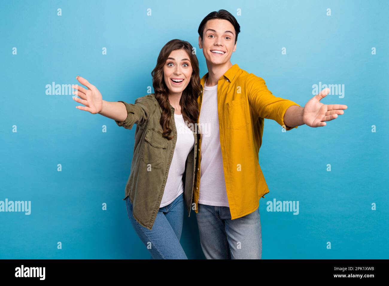 Photo of two friendly couple love story funny guy girlfriend meeting ...