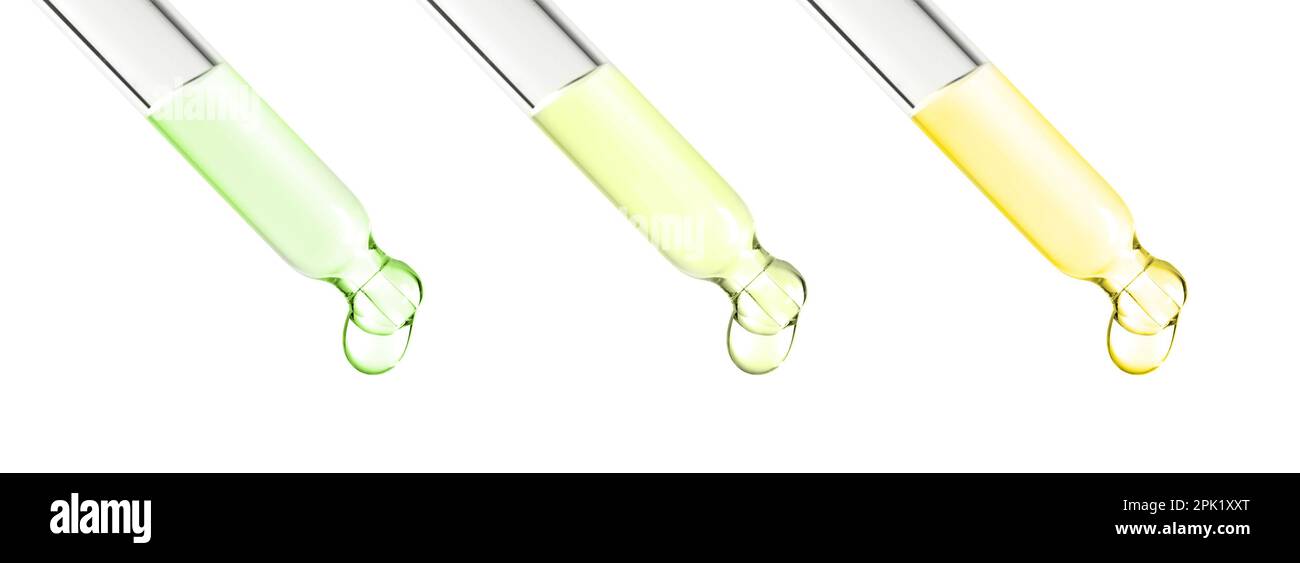 Pipettes with different essential oils on white background, collage ...