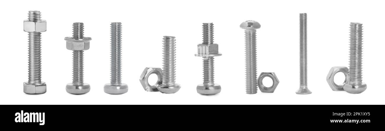 Set with metal bolts and nuts on white background. Banner design Stock ...