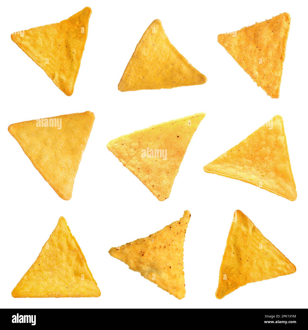 Set with tasty tortilla chips (nachos) on white background Stock Photo ...