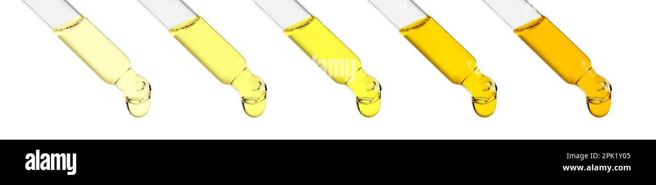 Pipettes with essential oils on white background, collage. Banner ...