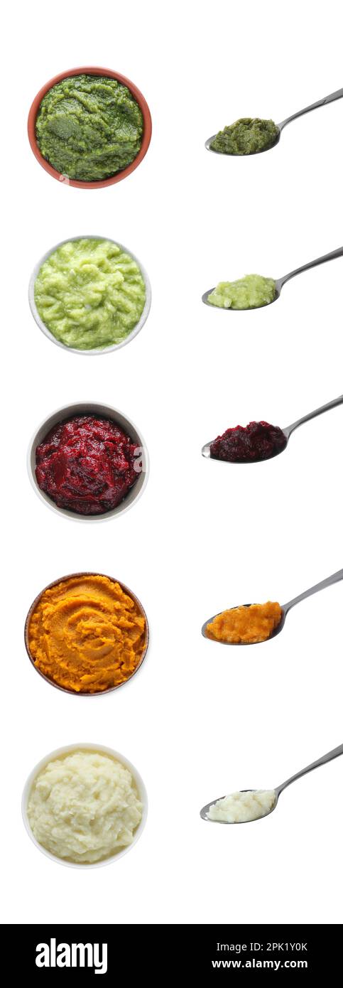 Set with different tasty vegetable puree on white background. Vertical ...