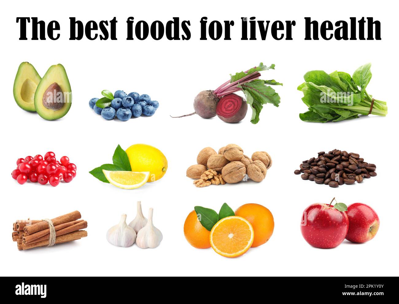 List of the best foods for liver health. Collage with different tasty ...