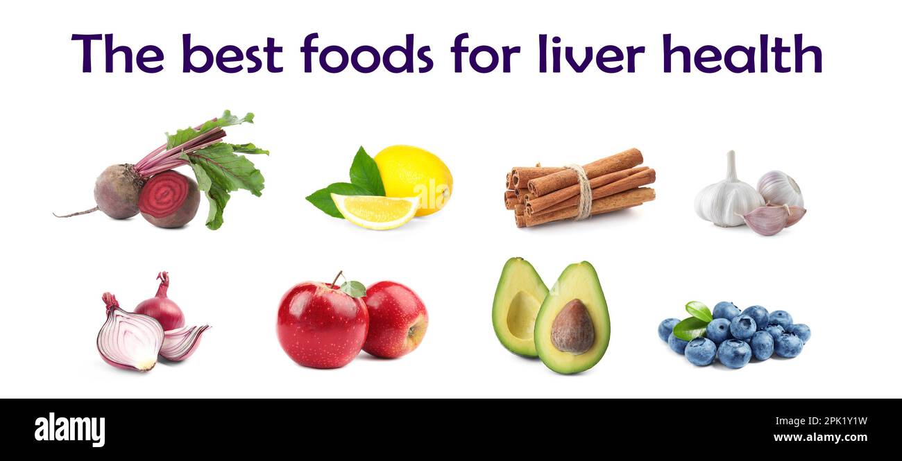 List of the best foods for liver health. Collage with different tasty ...