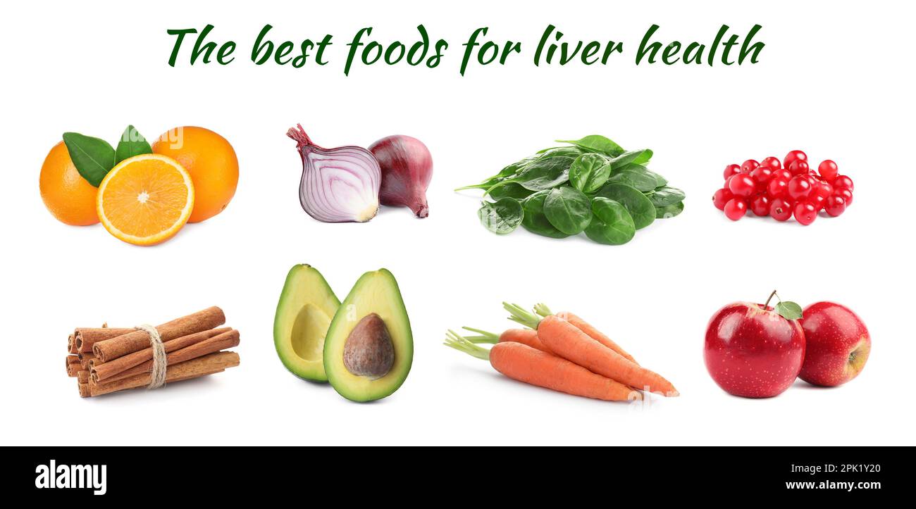 List of the best foods for liver health. Collage with different tasty ...