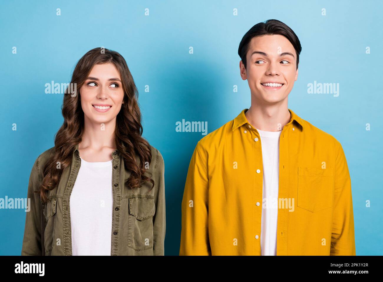 Closeup photo of two young best friends smiling toothy enjoy their ...