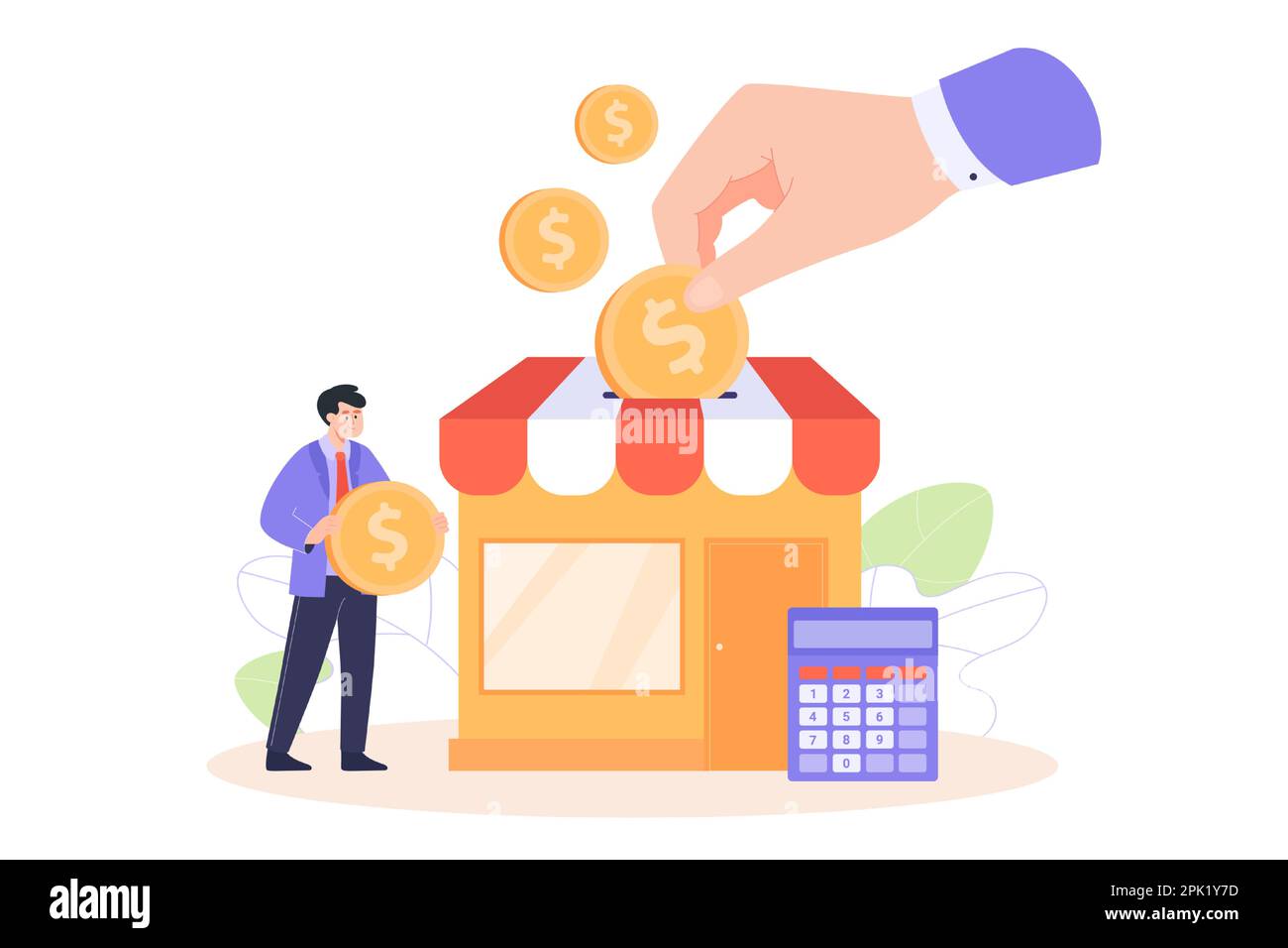 Tiny man near his shop with gold coin flat vector illustration Stock ...