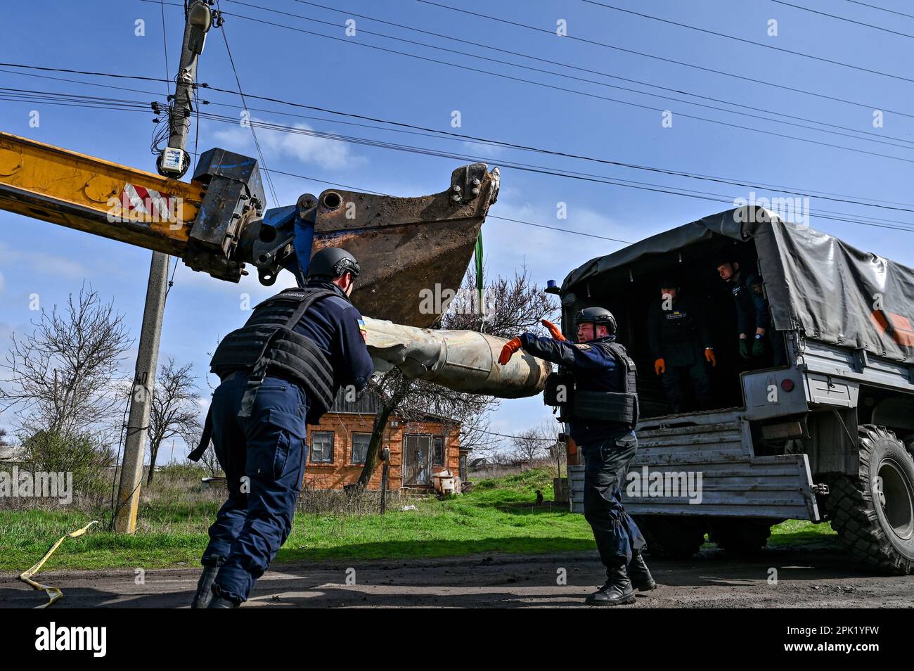 ORIKHIV, UKRAINE - APRIL 4, 2023 - Mine clearance experts load a FAB ...