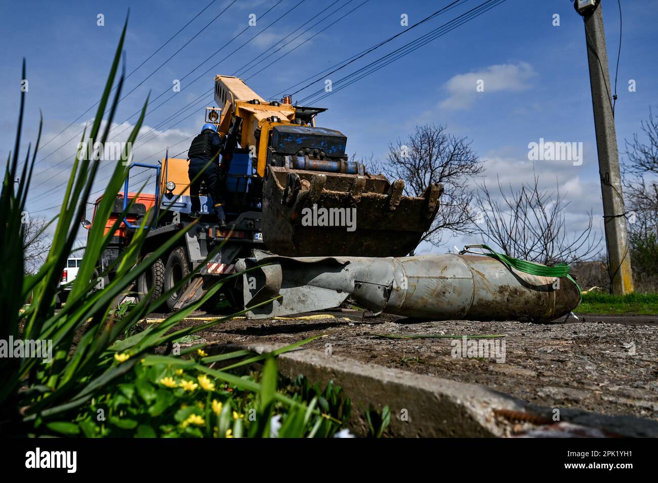 ORIKHIV, UKRAINE - APRIL 4, 2023 - A FAB-500 air-dropped bomb lies on ...