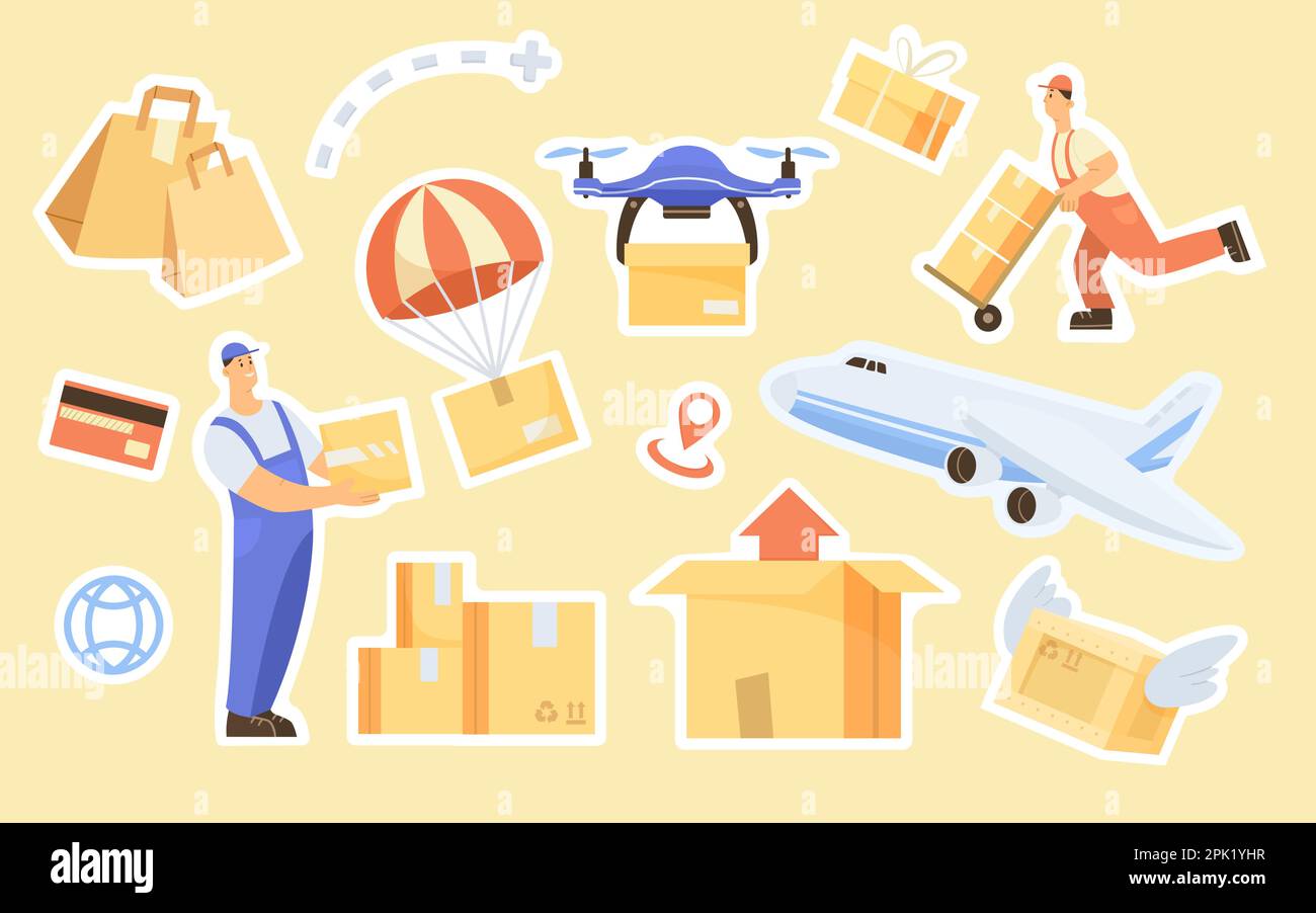 Colorful cargo delivery stickers cartoon illustration set Stock Vector ...