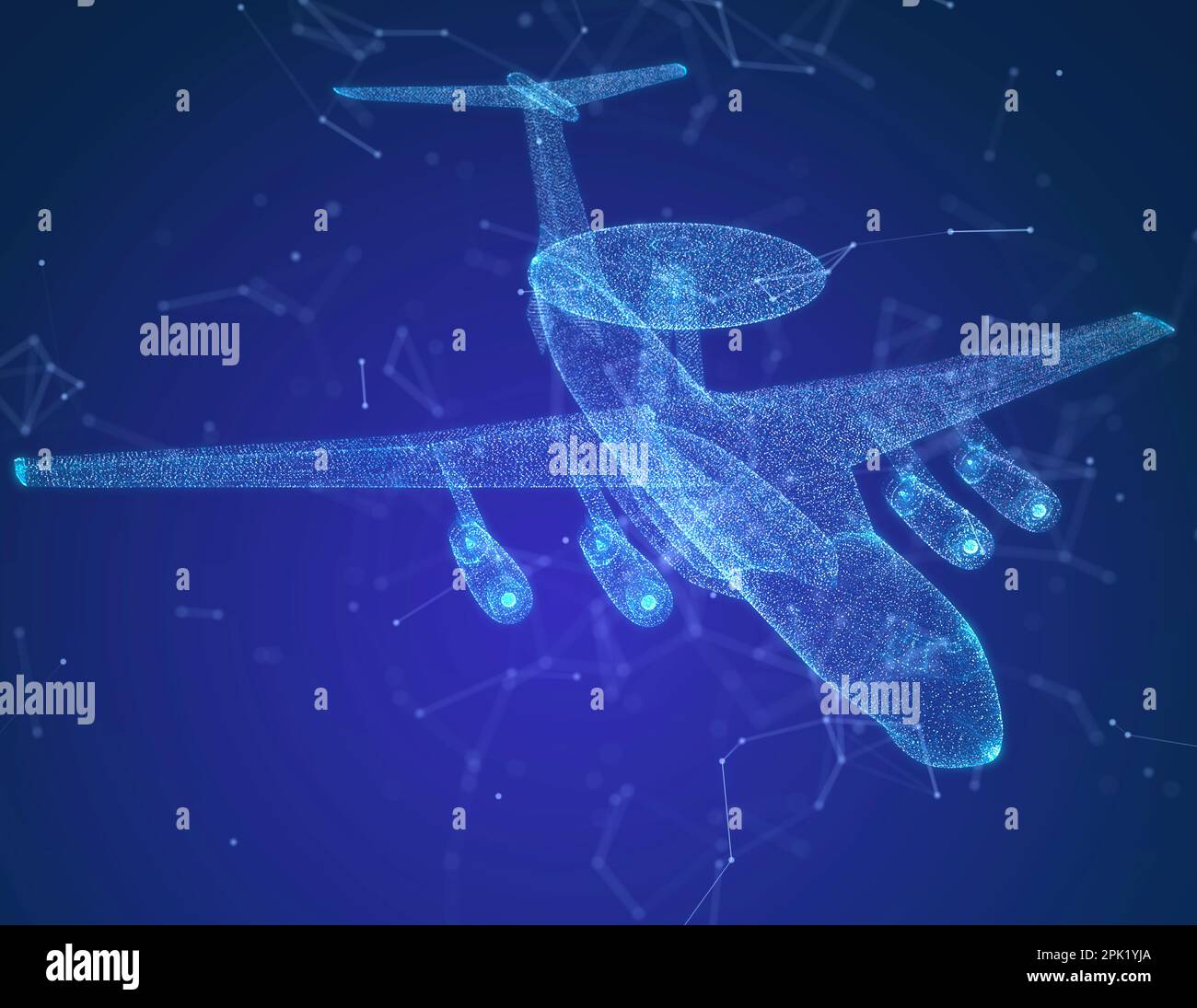 Military force airplane radar AWACS. Glowing neon particles and blue ...