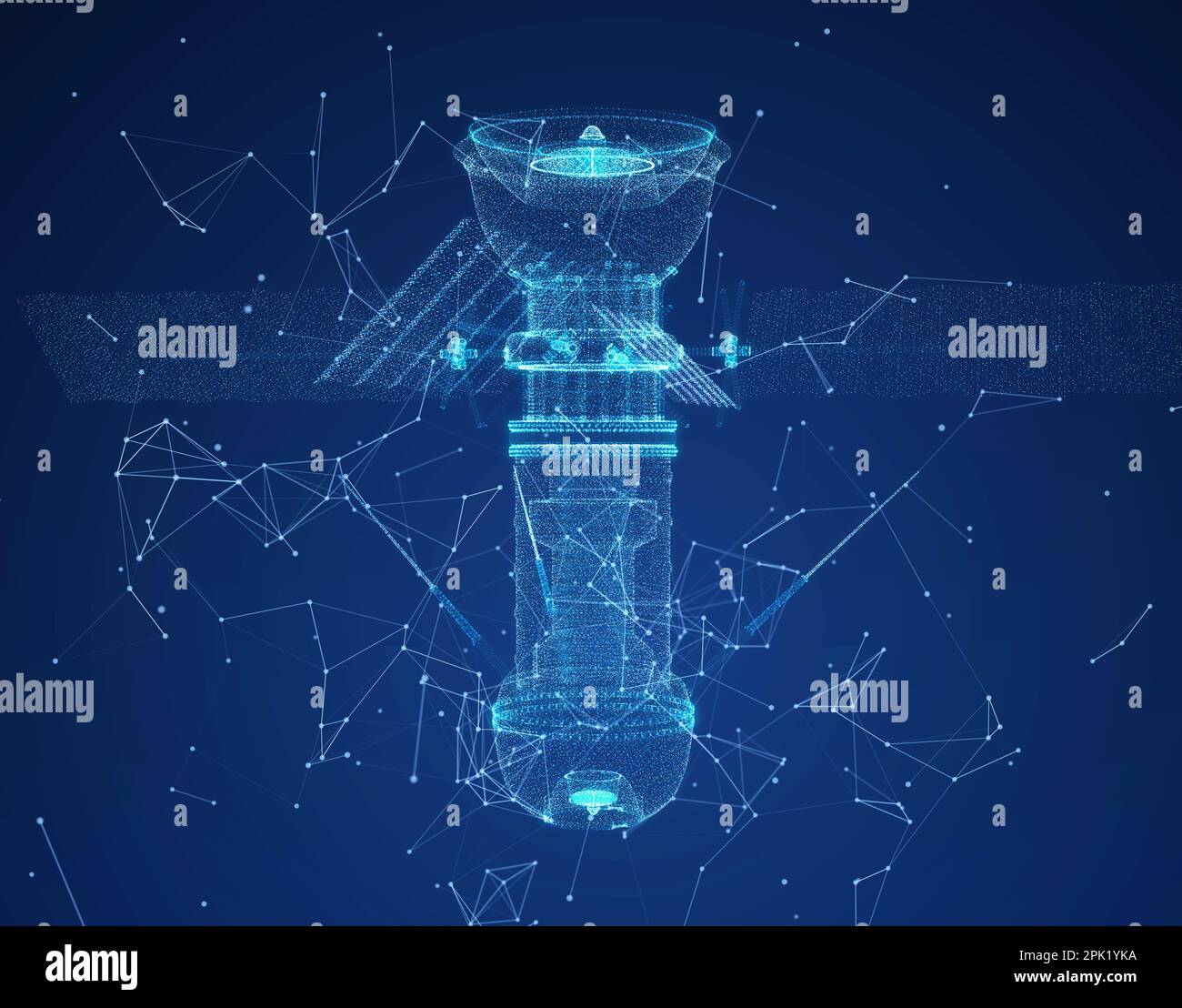 Satellite communications solar panels. Particles formation of 3d model ...