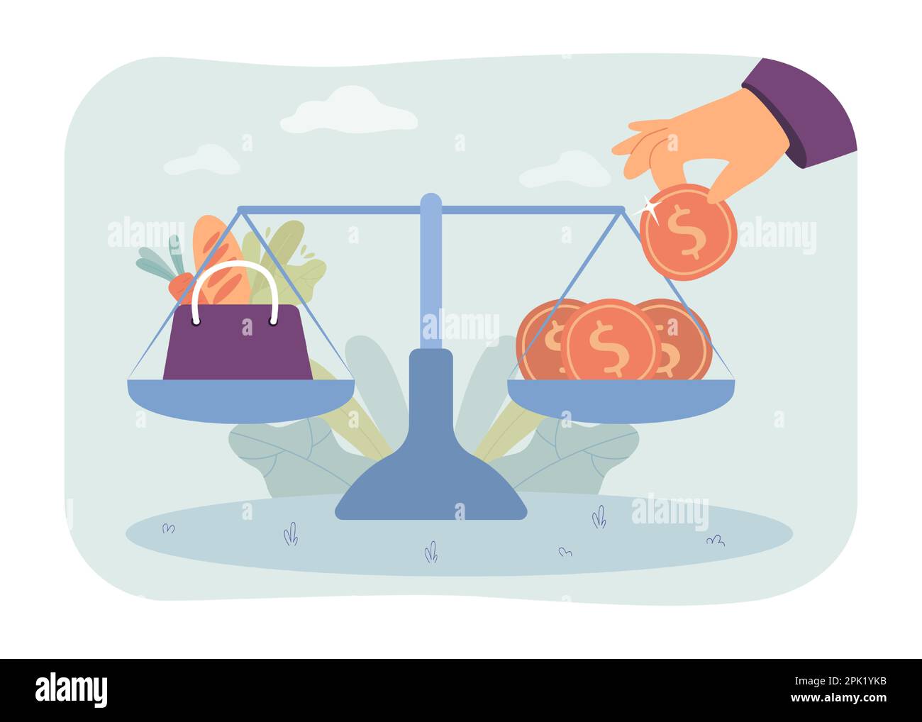 Gold coins and food on scale flat vector illustration Stock Vector ...