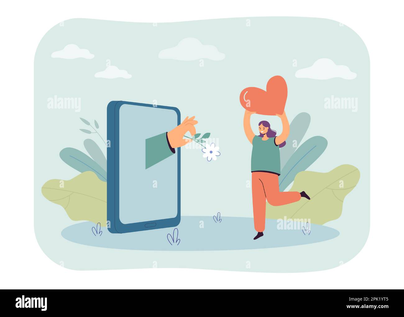 Hand coming out of phone screen and giving flower to tiny woman Stock ...