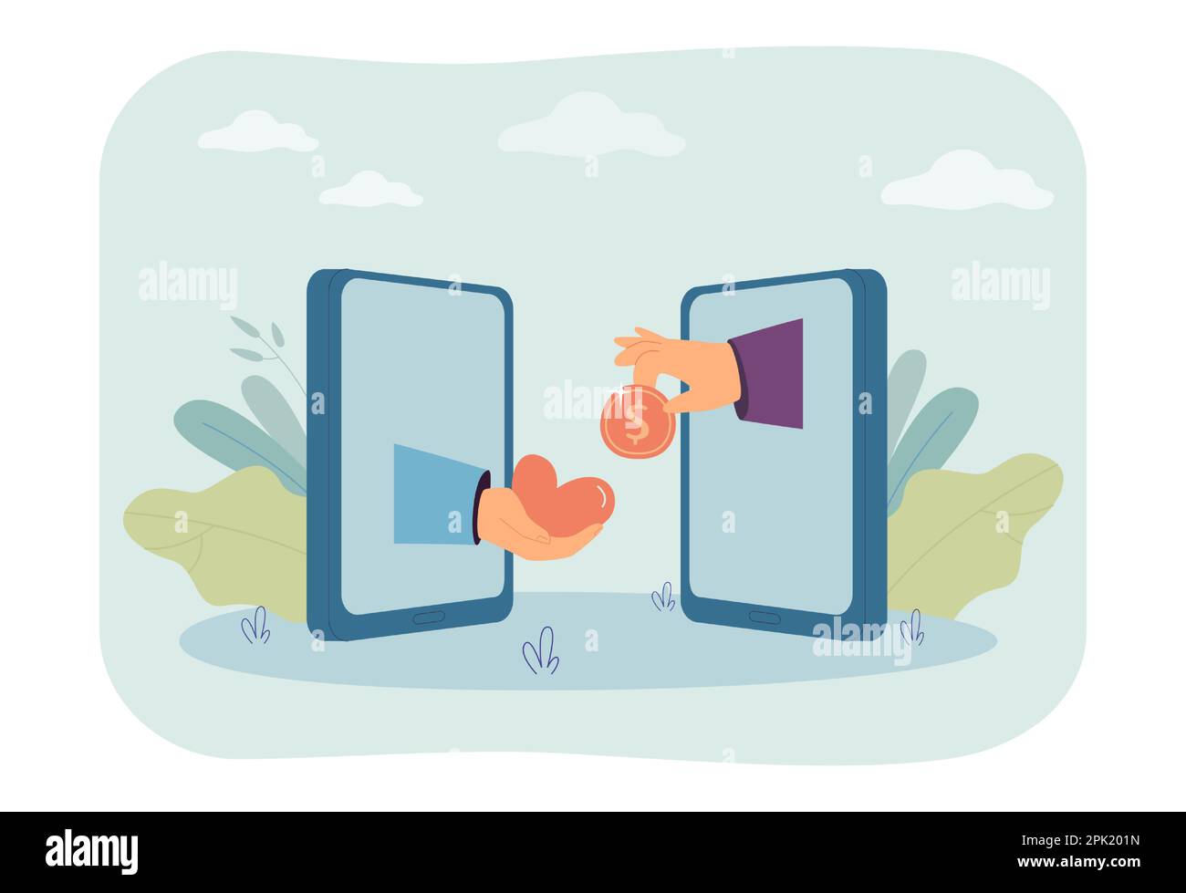 Human hands from mobile phones giving heart and money Stock Vector ...