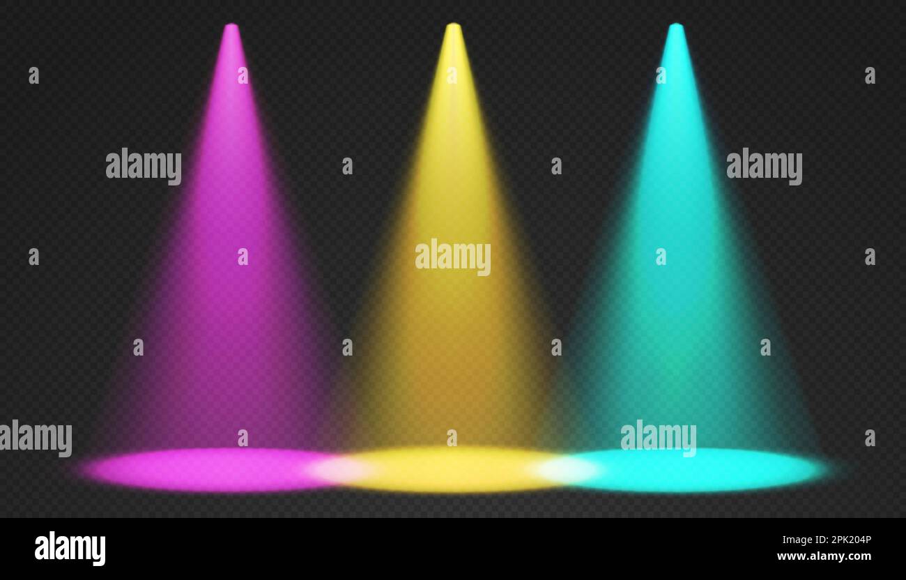 Stage limelight. Yellow, pink, blue cone lights from top with darkened ...