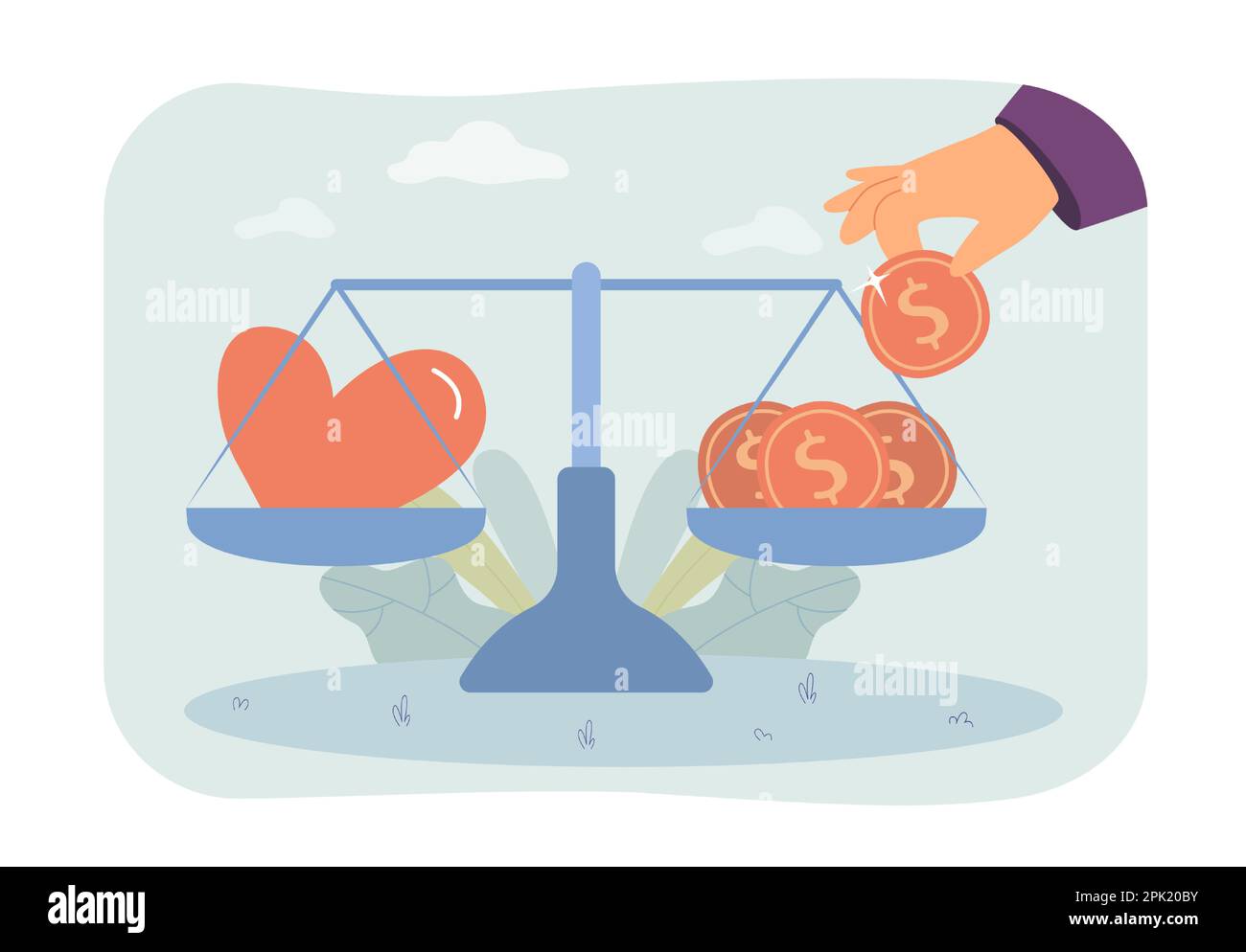 Hearts and gold coins on scale flat vector illustration Stock Vector ...