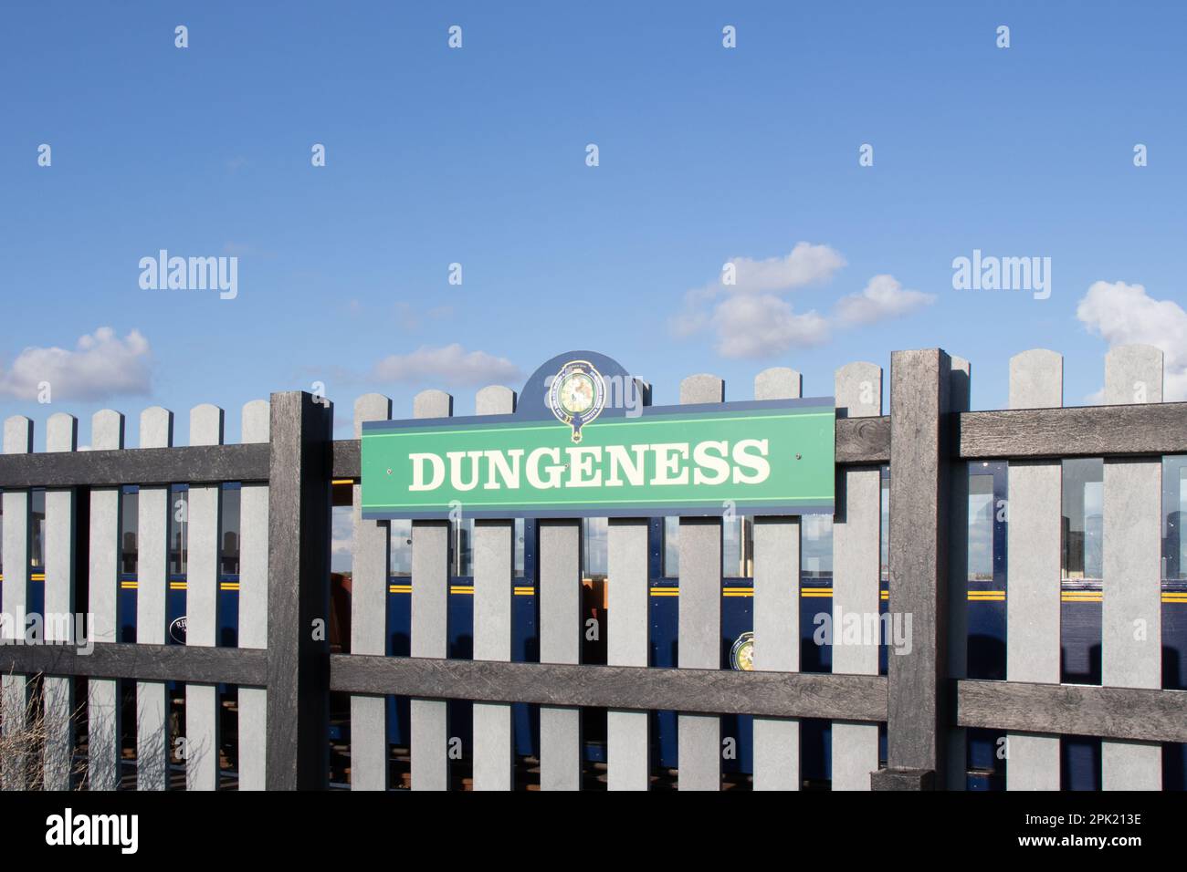 A sign for the railway station stop on a fence at Dungeness station on ...