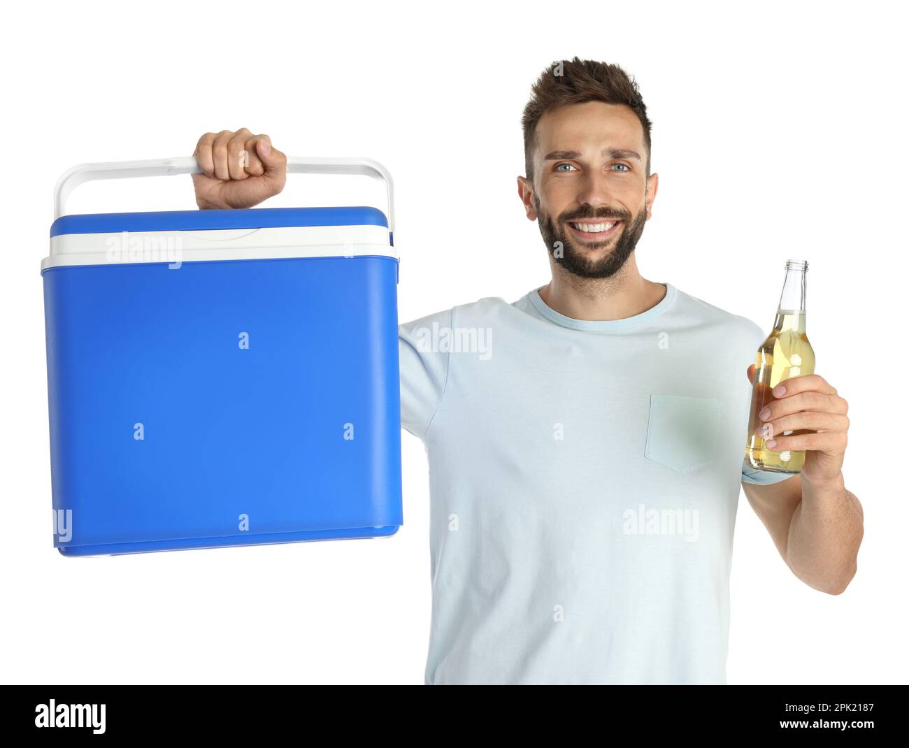 Happy man with cool box and bottle of beer on white background Stock ...