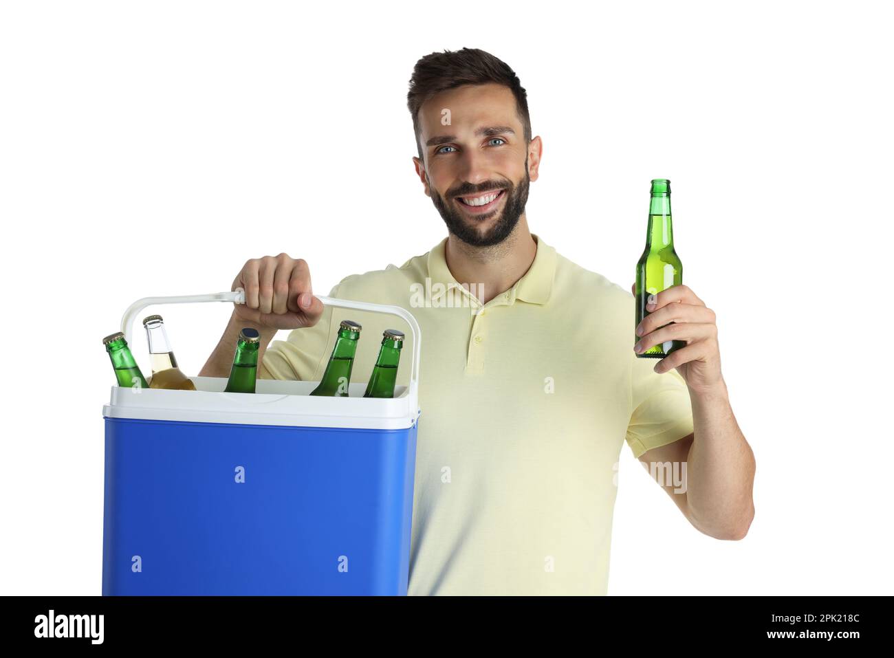 Happy man with cool box and bottles of beer on white background Stock ...