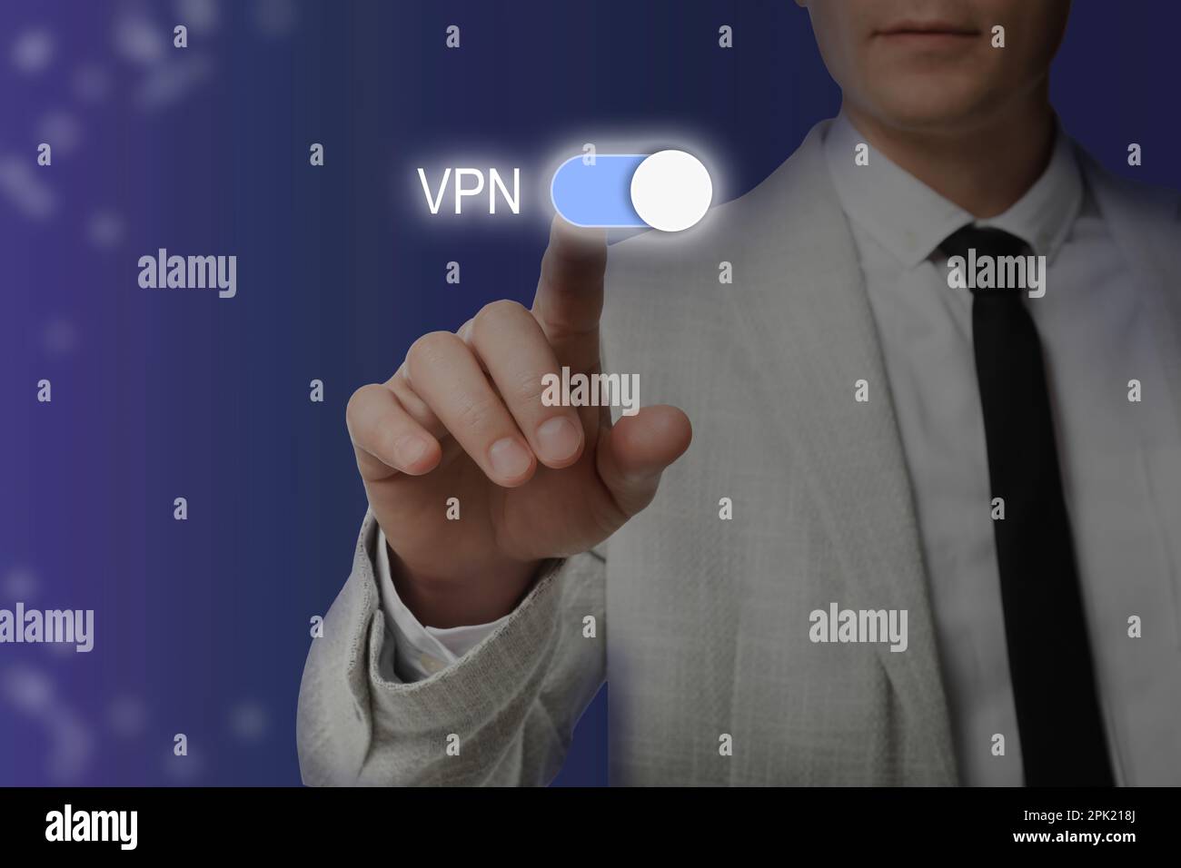 Man and switched on VPN button on color background, closeup Stock Photo ...